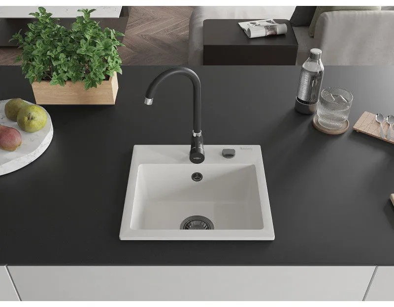 Mexen Milo, granitový dřez 435x410x171 mm, 1-komorový, bílá s černým sifonem, 6505441000-20-B