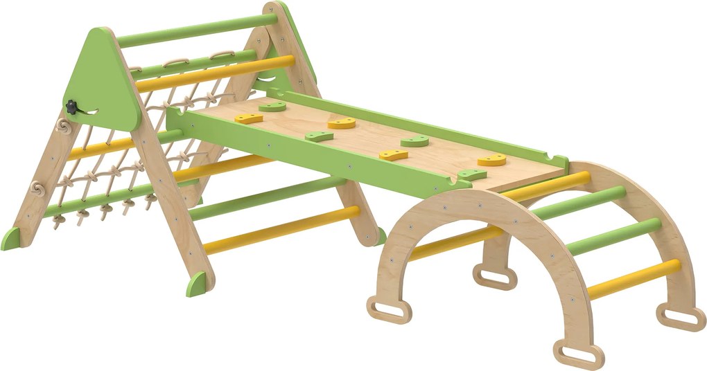 montessori prolézačka 8 v 1 vnitřní dřevěný lezecký trojúhelník s lezeckým obloukem, oboustranná skluzavka, zelená barva