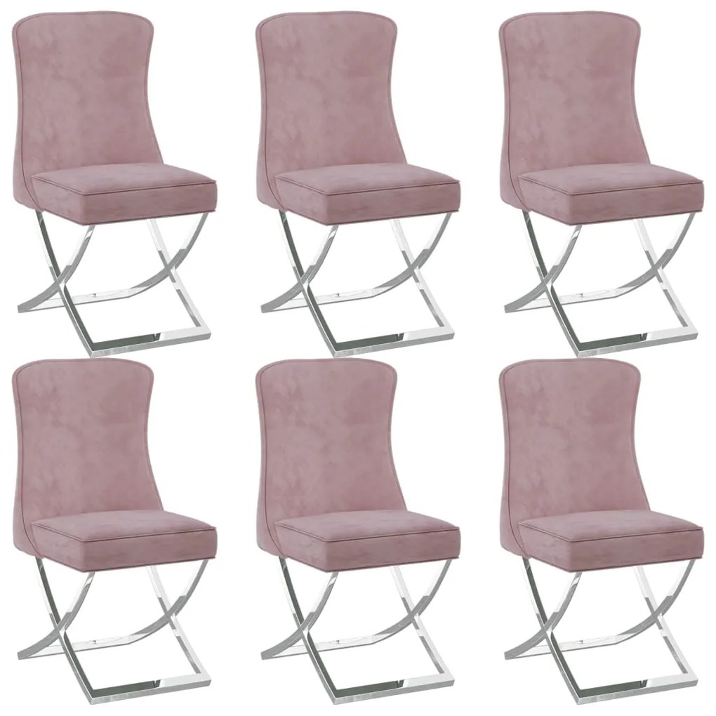 3074917 vidaXL Jídelní židle 6 ks růžové 53 x 52 x 98 cm samet a nerez ocel