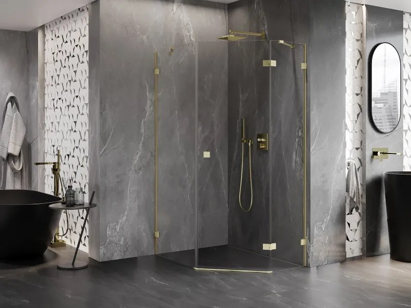Mexen Lunar, pravý výklopný pětiúhelníkový sprchový kout 90 x 100 cm, 8mm čiré sklo, zlatý matný profil, 831-090P-100L-55-00-P