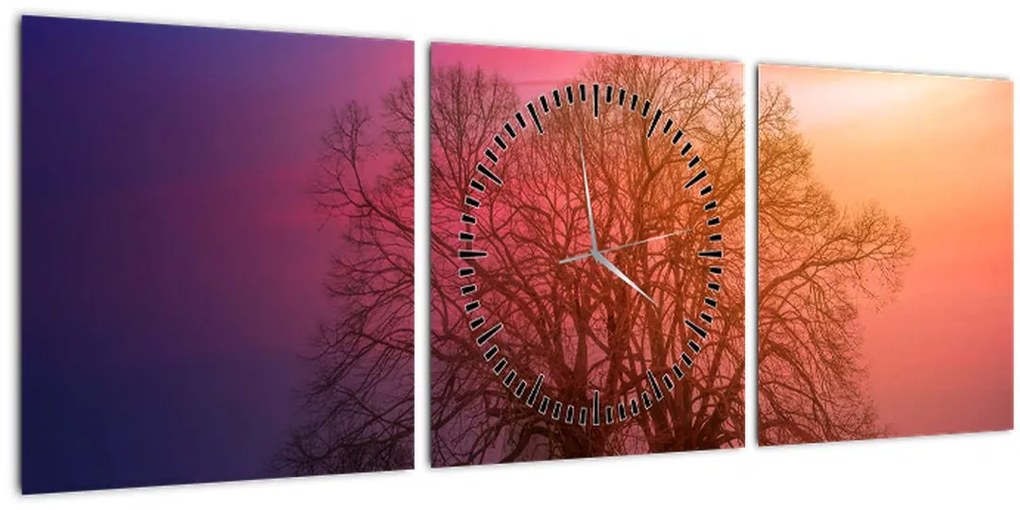 Obraz stromů v mlze (s hodinami) (90x30 cm)