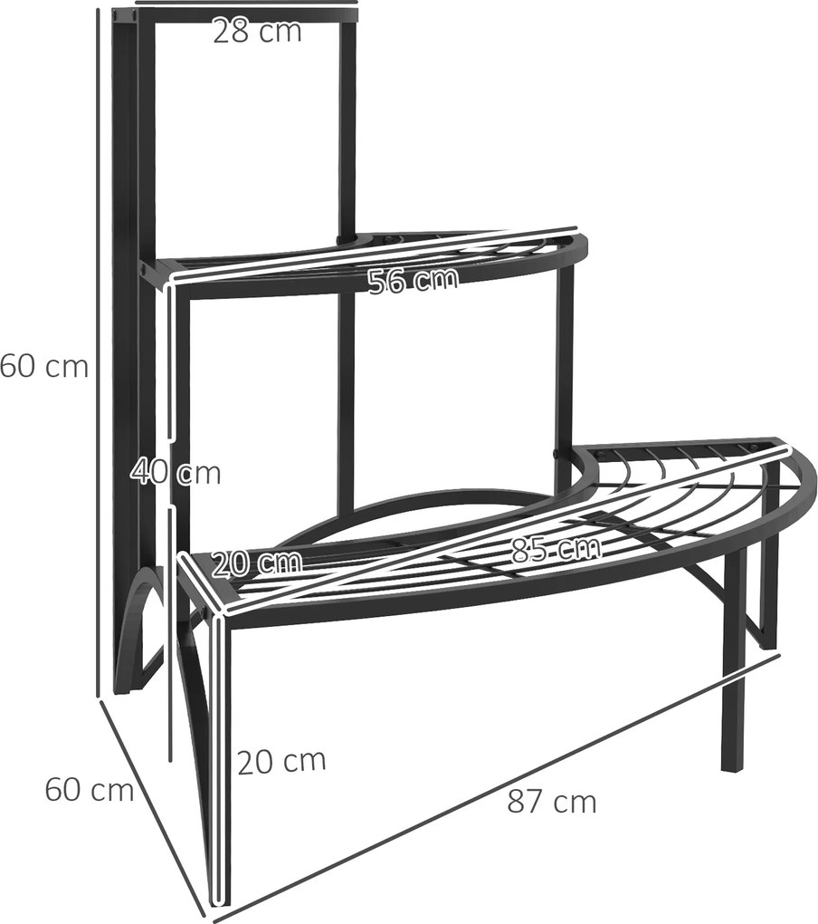 Rohový stojan na rostliny, stojan na květiny se 3 úrovněmi, kovový, pro interiér i exteriér, stojan na květináče, černý
