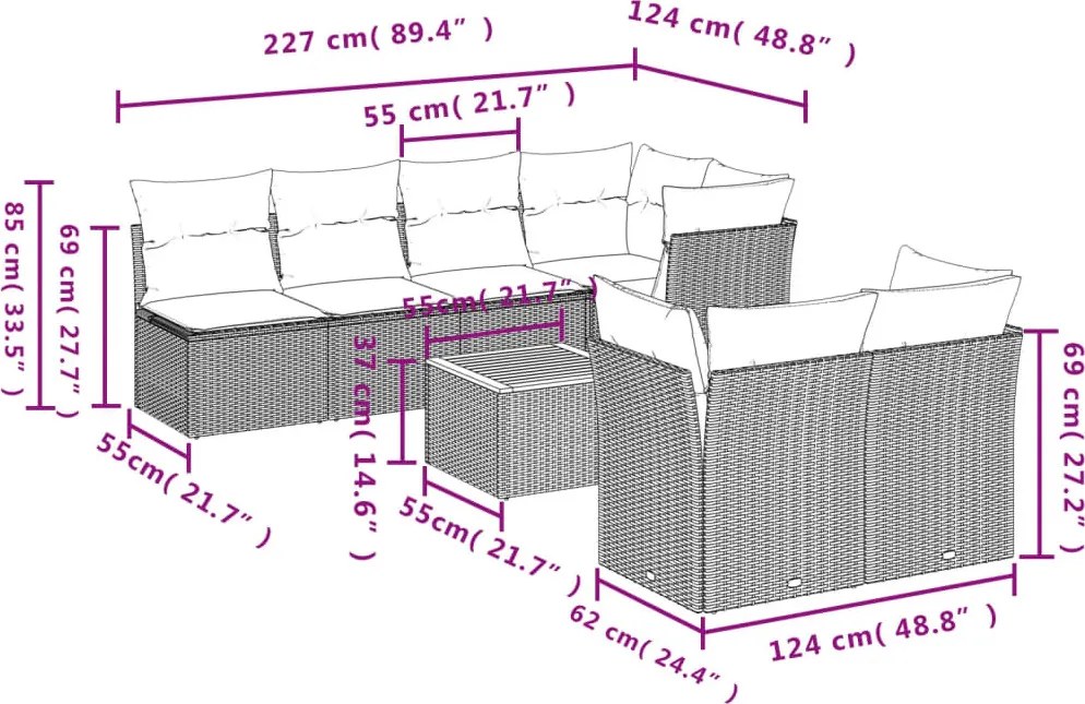 vidaXL 8dílná zahradní sedací souprava s poduškami polyratan [3255848] Barva: Černá