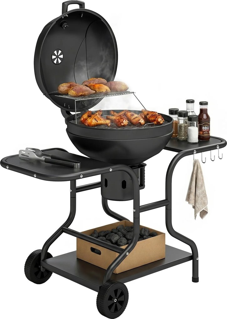 Outsunny kotlový gril na dřevěné uhlí s bočními stolky, teploměrem a kolečky — 129 x 63,5 x 106,5 cm | Aosom