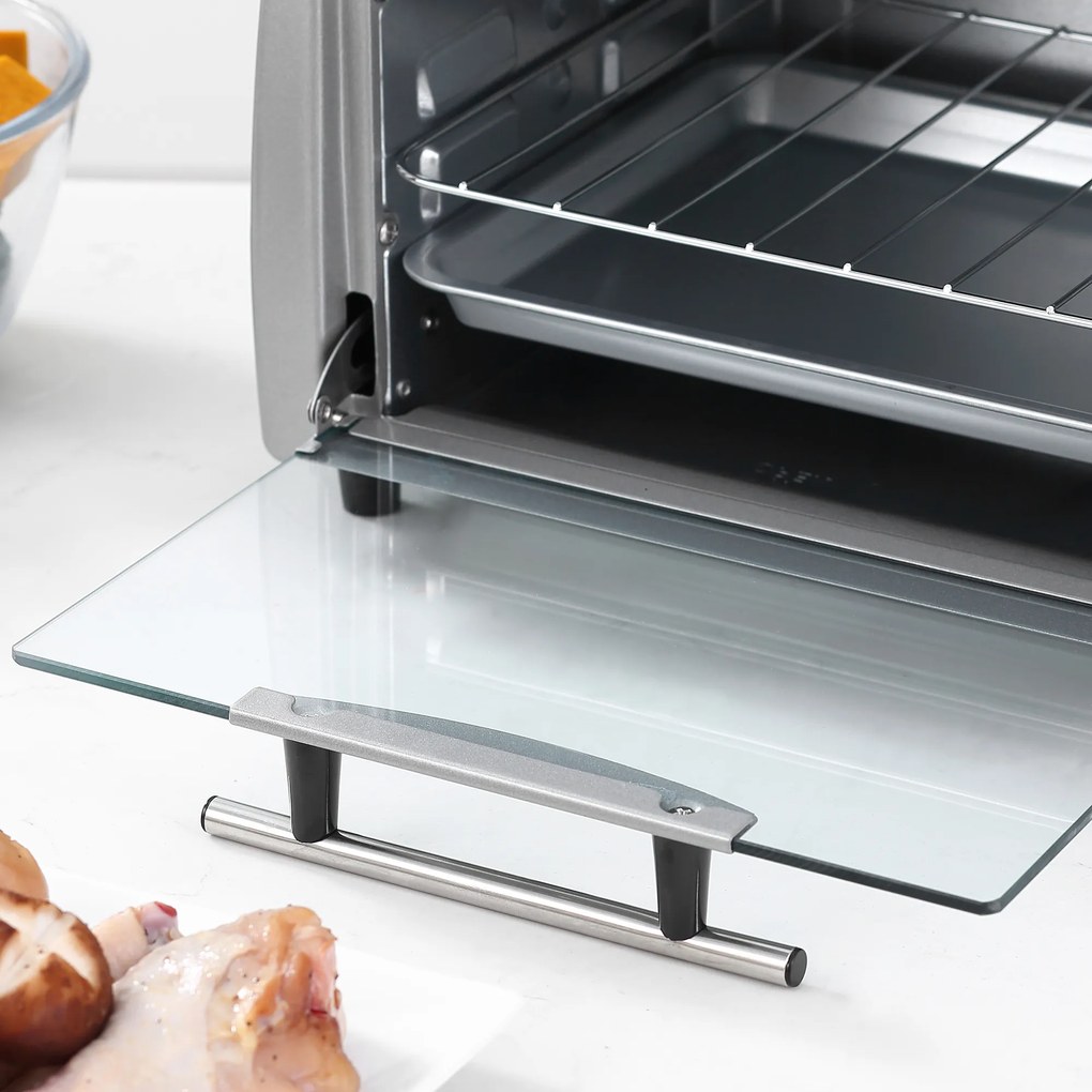 HOMCOM Elektrická trouba 10L, nastavitelná teplota a časovač, gril a pánev v balení, 750W, 36.5x26x22cm, stříbrno-černá | Aosom