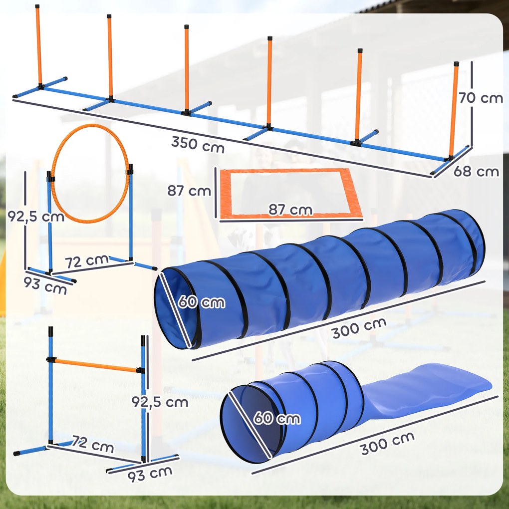 PawHut Agility set pro psy 11dílné agility vybavení pro psy se 2 tunely Výškově nastavitelný skákací kruh a překážky Slalomová tyč