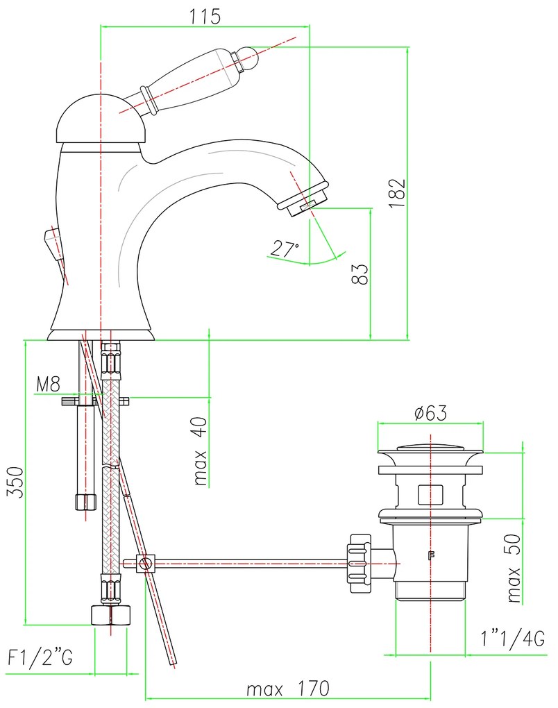 Sapho KIRKÉ WHITE stojánková umyvadlová baterie s výpustí, bílá páčka, bronz, KI02BB