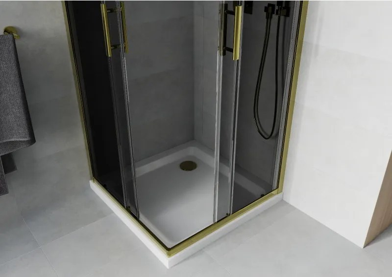 Mexen Rio, čtvercový sprchový kout s posuvnými dveřmi 70 (dveře) x 70 (dveře) x 190 cm, 5mm šedé sklo, zlatý profil + bílá sprchová vanička SLIM, 860-070-070-50-40-4010G