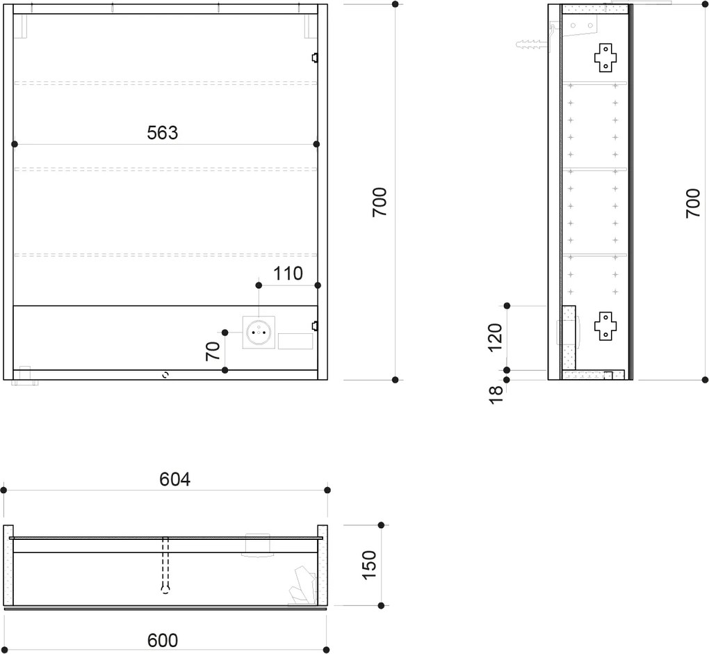 Sapho, LINEX galerka s LED osvětlením, 60x70x15cm, levá/pravá. bílá, LX060-0030