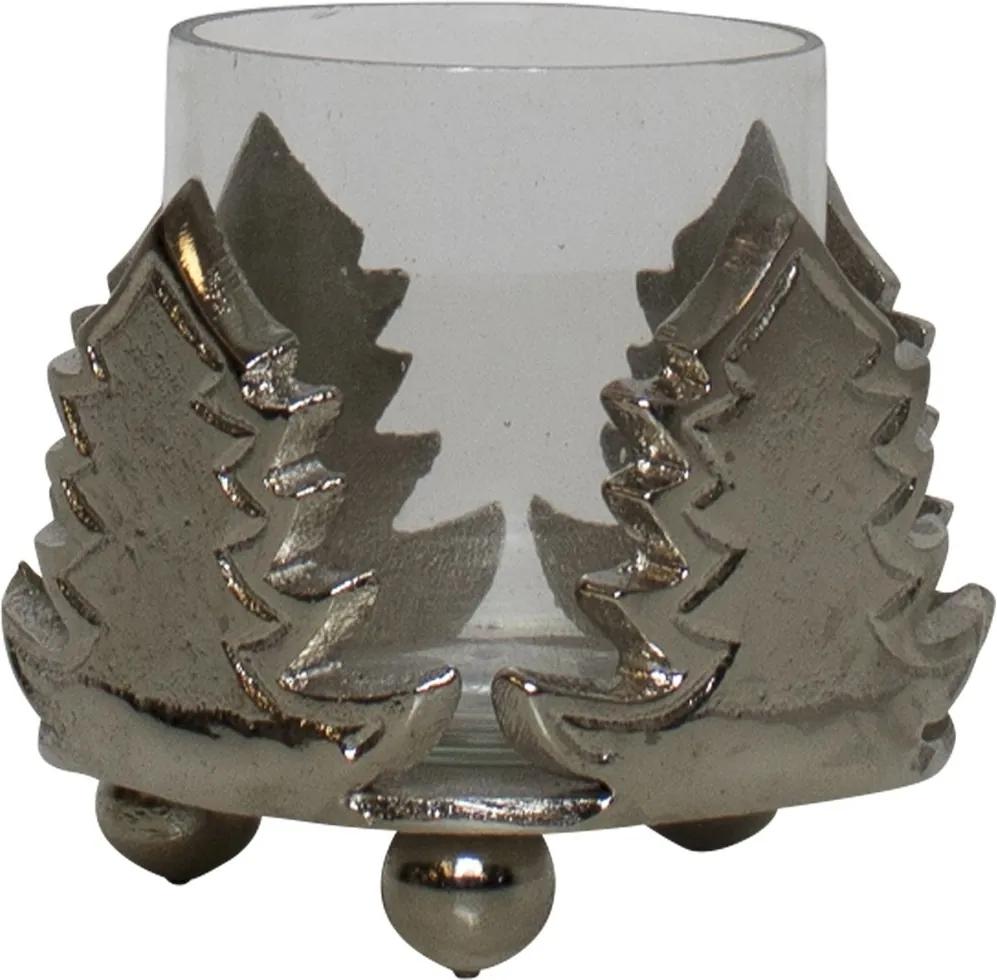 Skleněný svícen se stříbrnou dekorací borovic - 8,5*8,5*8cm