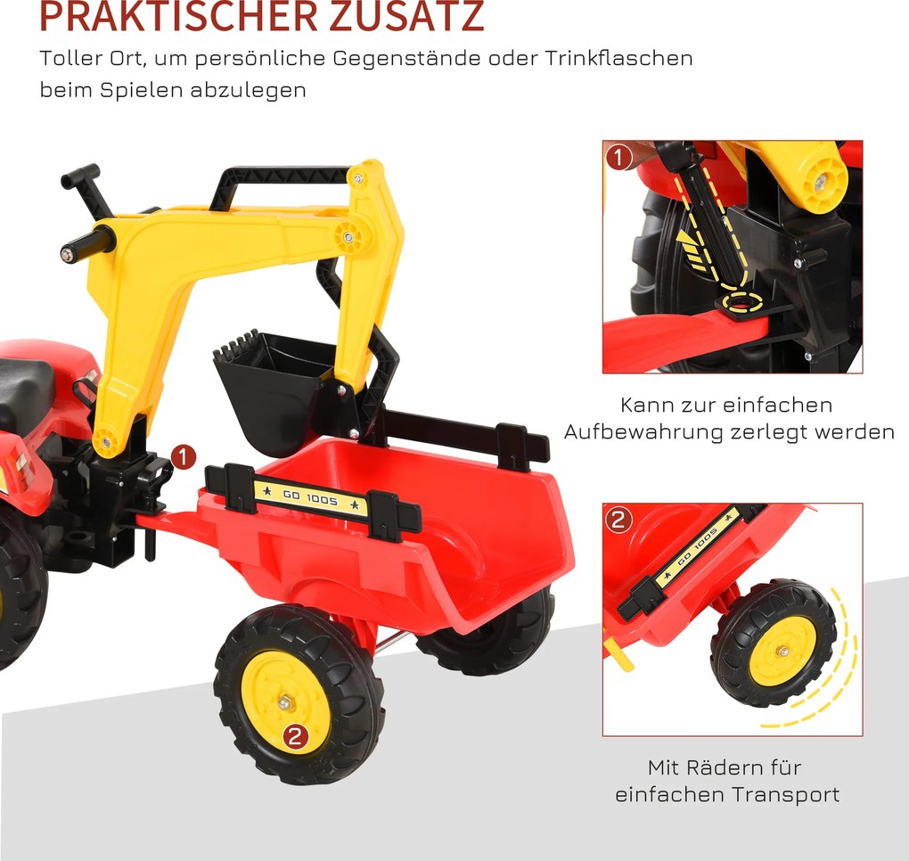 HOMCOM Šlapací traktor s přívěsem a čelním nakladačem, šlapací bagr pro děti od 3 let, červený, 179 x 42 x 59 cm, ideální pro zábavu a hry | Aosom.de