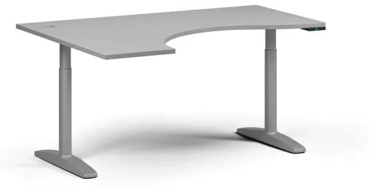 Výškově nastavitelný stůl OBOL, elektrický, 675-1325 mm, ergonomický levý, deska 1600x1200 mm, šedá zaoblená podnož, šedá