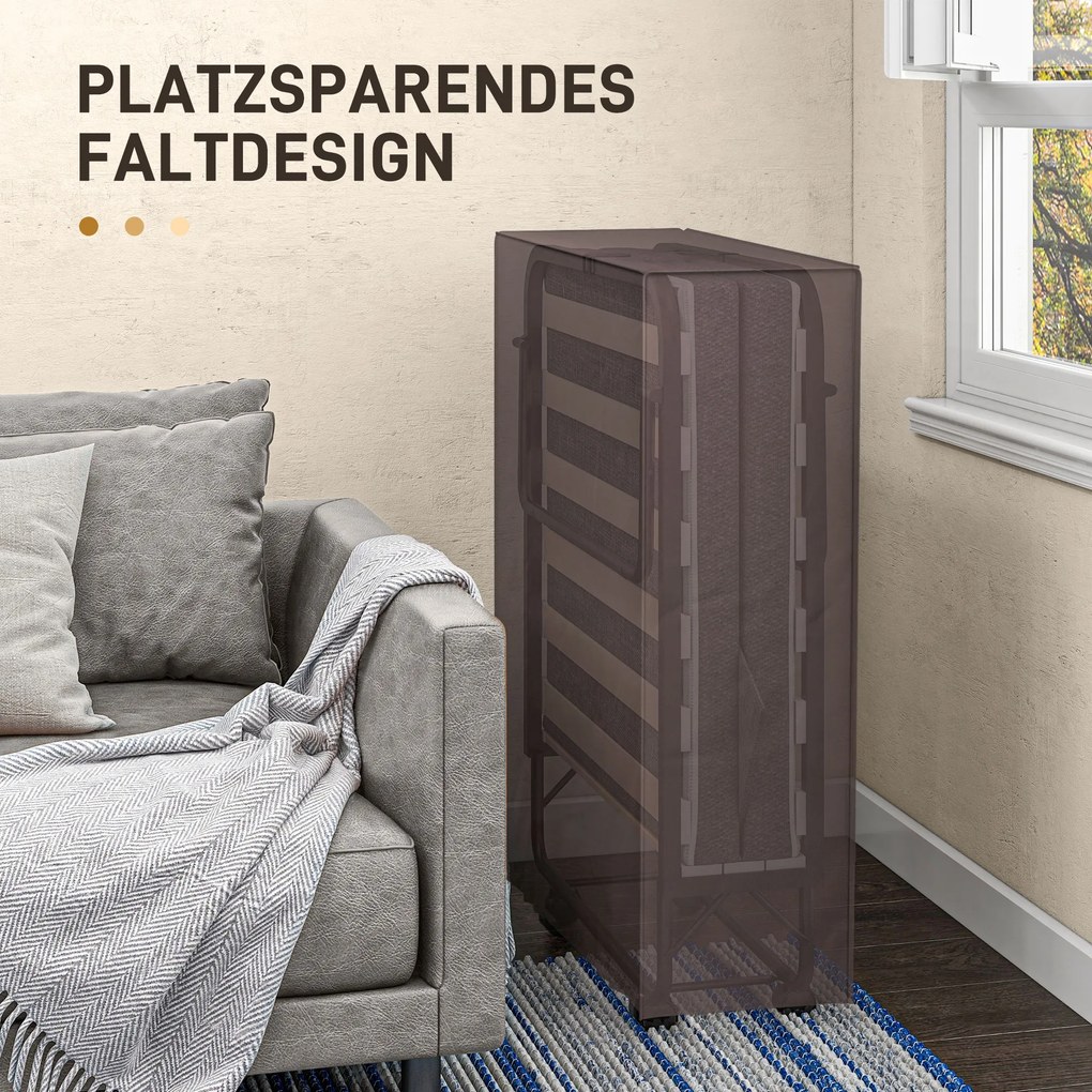 Skládací postel pro hosty HOMCOM s kolečky, 190x80 cm, 10 cm matrace, potah a boční taška, tmavě šedá, ideální do ložnice a na cesty | Aosom.de