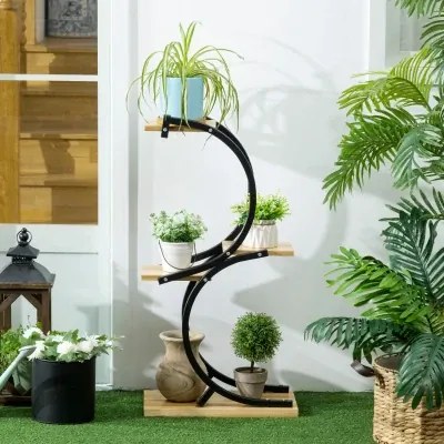 Outsunny stojan na rostliny se 4 policemi, masivní dřevo, odolný vůči povětrnostním vlivům, 46 cm x 25 cm x 91 cm, černá + přírodní