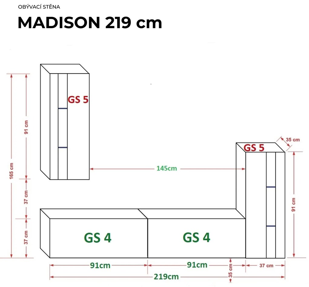 Ral Obývací stěna MADISON 219 cm - Bílý lesk