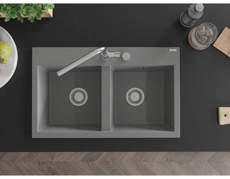 Mexen Hektor, 2-komorový granitový dřez 800x480x205 mm, šedá, chromový sifon, 6521802000-71