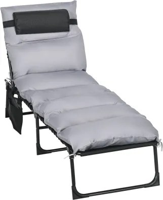 Outsunny skládací lehátko, 5-stupňově nastavitelné opěradlo, polštář, podložka, do 120 kg, ocel, světle šedé, 58 x 189 x 32,5 cm