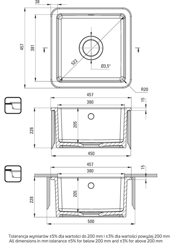 Deante Lumi, 1-komorový keramický dřez 457×457×205 mm, bílá, DEA-ZCU_610B
