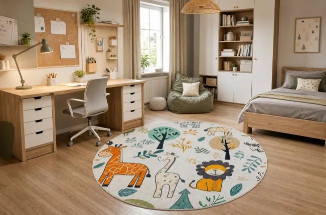 Dětský koberec protiskluzový BAMBINO 61570 krémový / zelený kruh