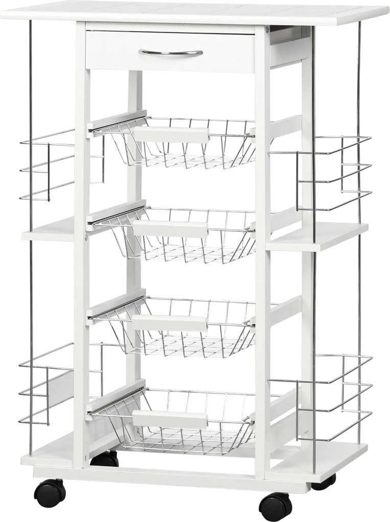 HOMCOM Kuchařský vozík na kolečkách s dlažkou a zásuvkou, 4 kovové košíky a 4 boční stojany na kořenky pro jídelnu, 57x37x83 cm Bílý