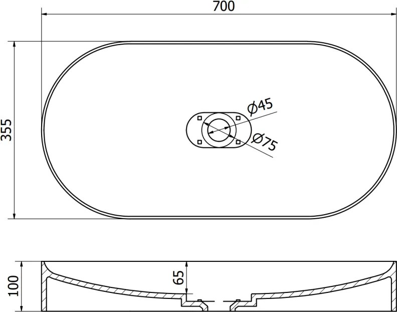Mexen Ono, umyvadlo na desku z konglomerátu 70 x 35,5 cm, černá matná, 23067071