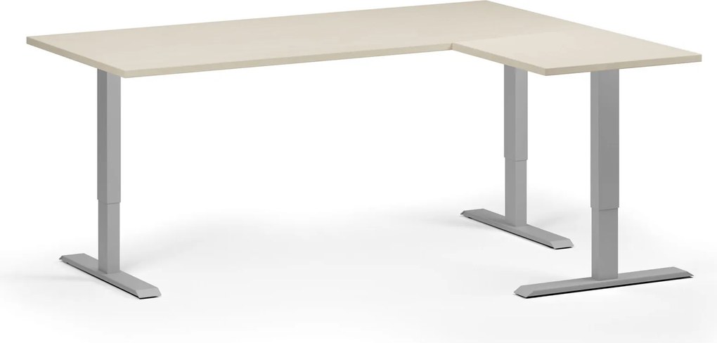 Rohový výškově nastavitelný stůl, 180x140 cm, 3 motory, L/P, šedá podnož, bříza