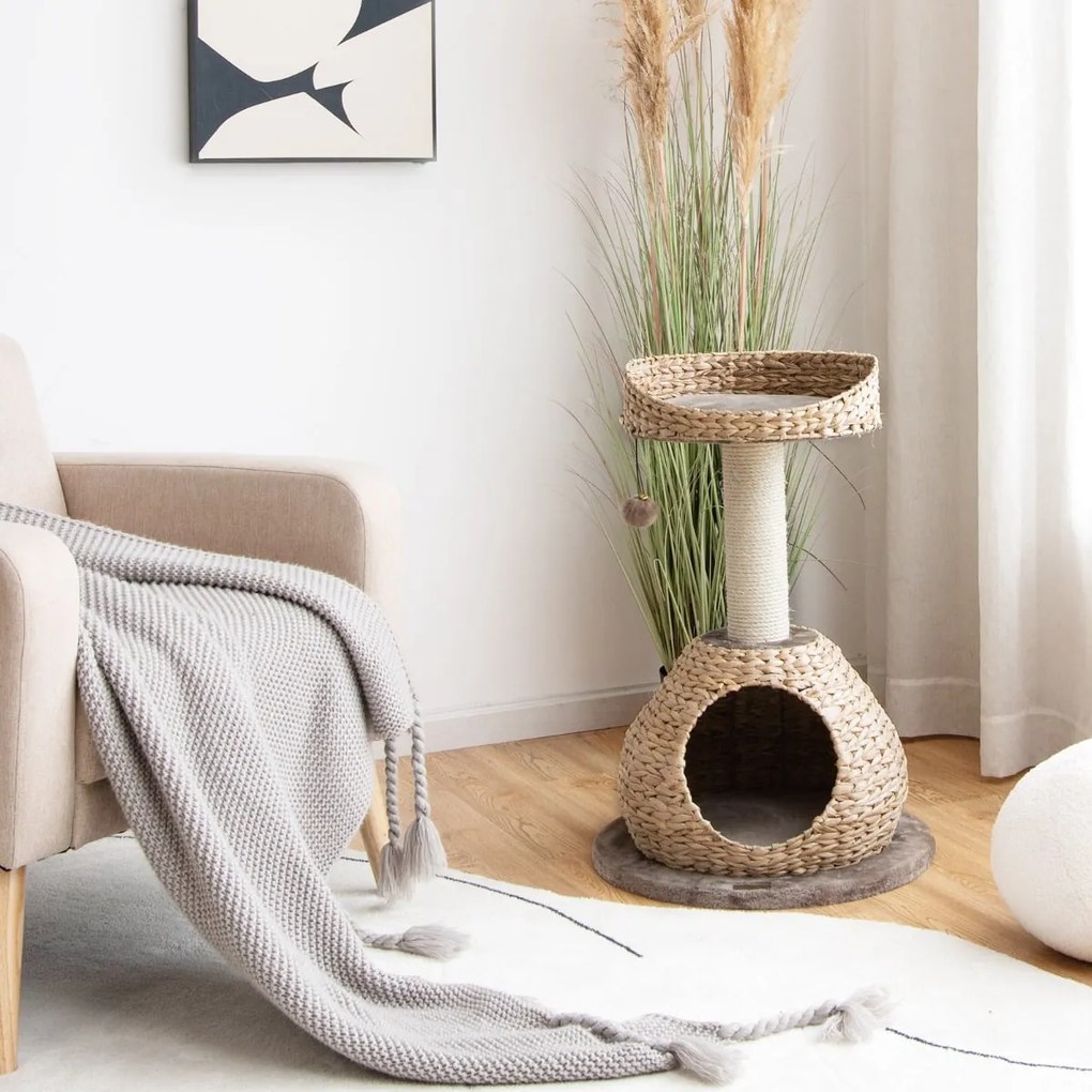 Costway Small Cat Tree s jeskyní a přírodním sisalem a ručně vyrobeným košíkem φ
