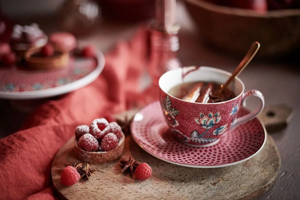 Pip Studio Flower Festival sada 2 espresso šálků s podšálky, tmavě růžová (sada espresso hrnečků v dárkové krabičce)