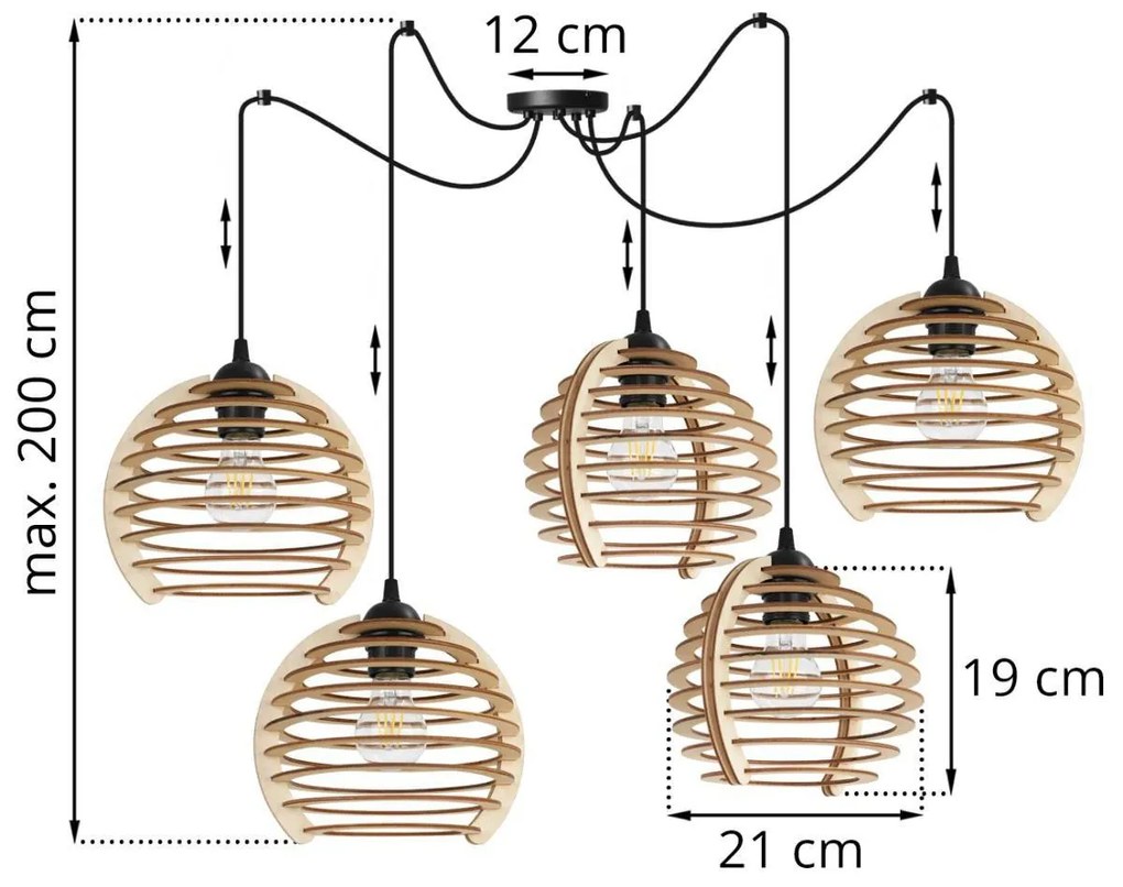 Závěsné svítidlo TIMBER SPIDER, 5x dřevěné stínítko, N