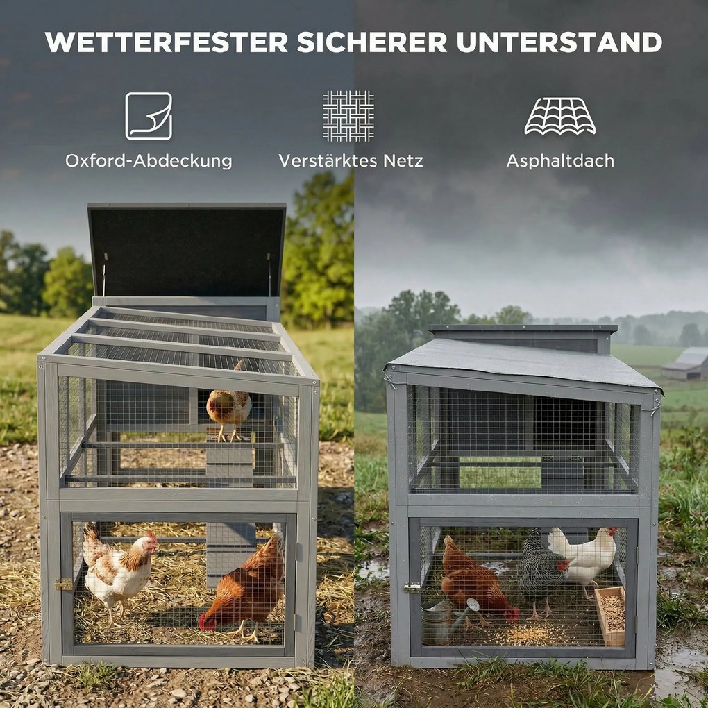PawHut dřevěný kurník s výběhem pro 3–4 nosnice, 264 x 82 x 89 cm — asfaltová střecha, potah z Oxford tkaniny, hnízdní box, bidýlka, výsuvný podnos —…