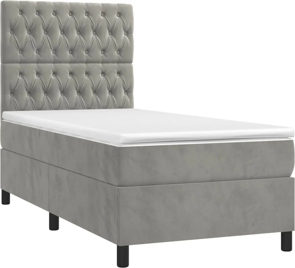 Box spring postel s matrací a LED světle šedá 90x200 cm samet 3136281