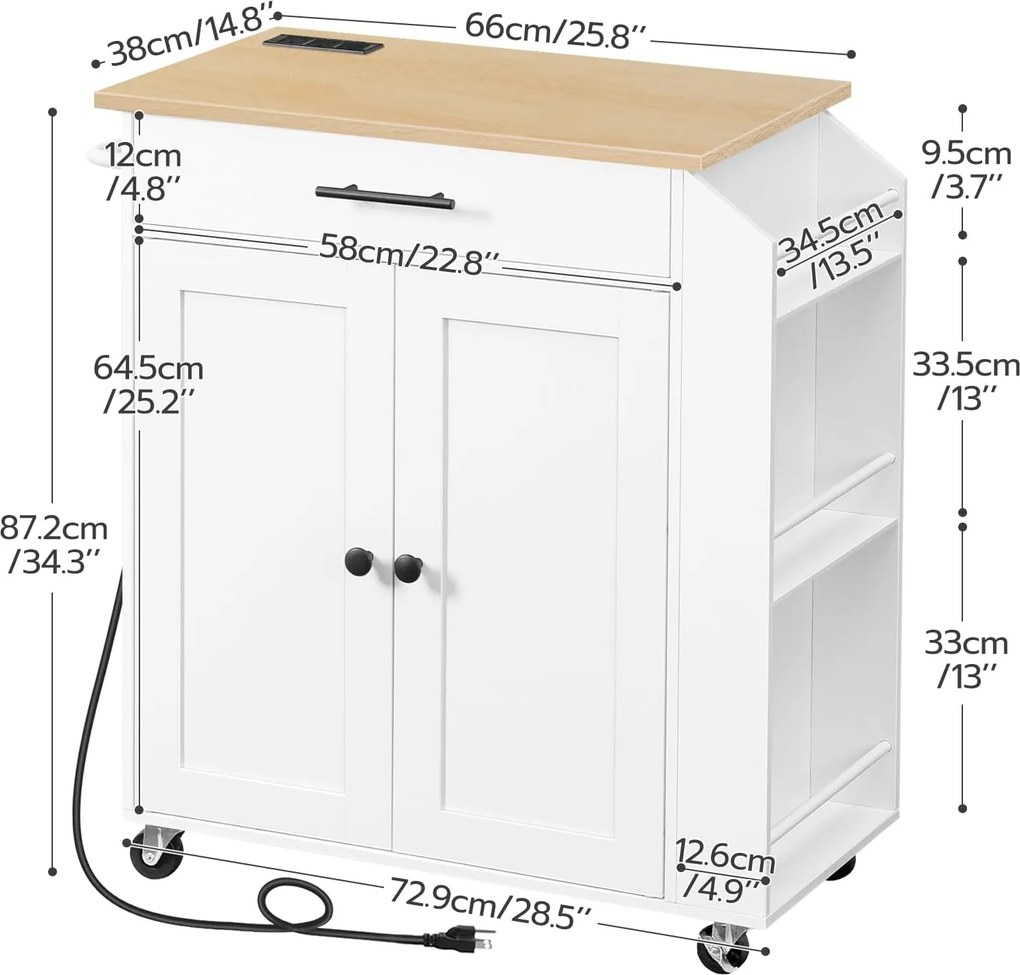 Pojízdný kuchyňský vozík s prodlužovacím kabelem Vasagle Asha 73 cm bílý