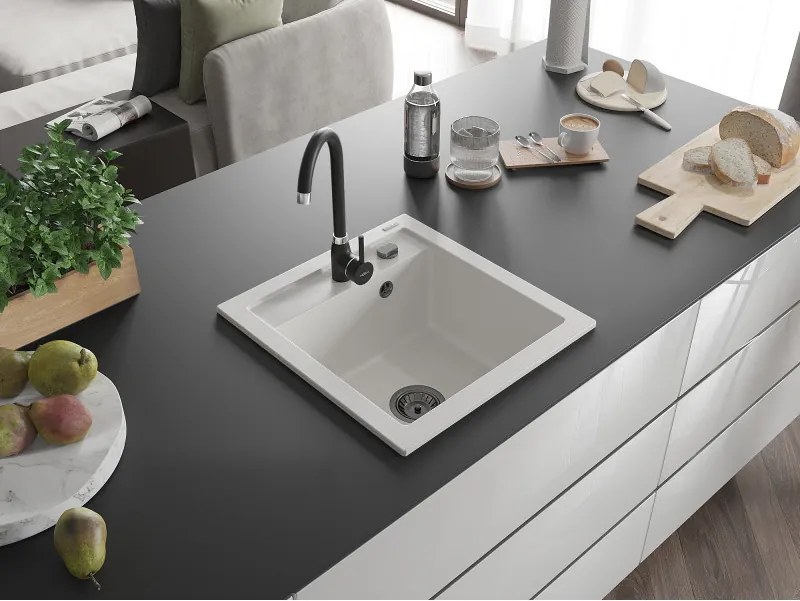 Mexen Vito, granitový dřez 520x490x210 mm, 1-komorový, bílá s černým sifonem, 6503521000-20-B