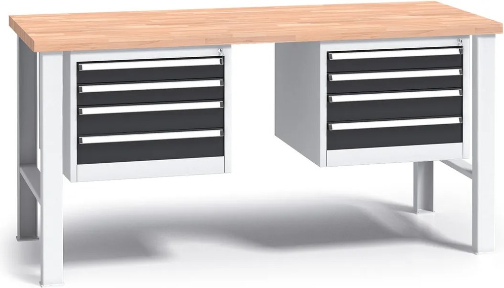 Pracovní stůl do dílny G3 se 2 závěsnými boxy na nářadí, buková spárovka, 8 zásuvek, pevné kovové nohy, 1700 mm, grafit