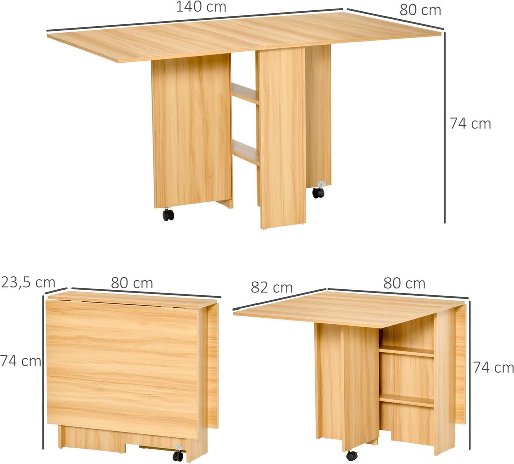 HOMCOM Skládací Jídelní Stůl s Kolečky a Sklopnými Křídly pro 4-6 Osob 80x140x74cm Přirozené Dřevo