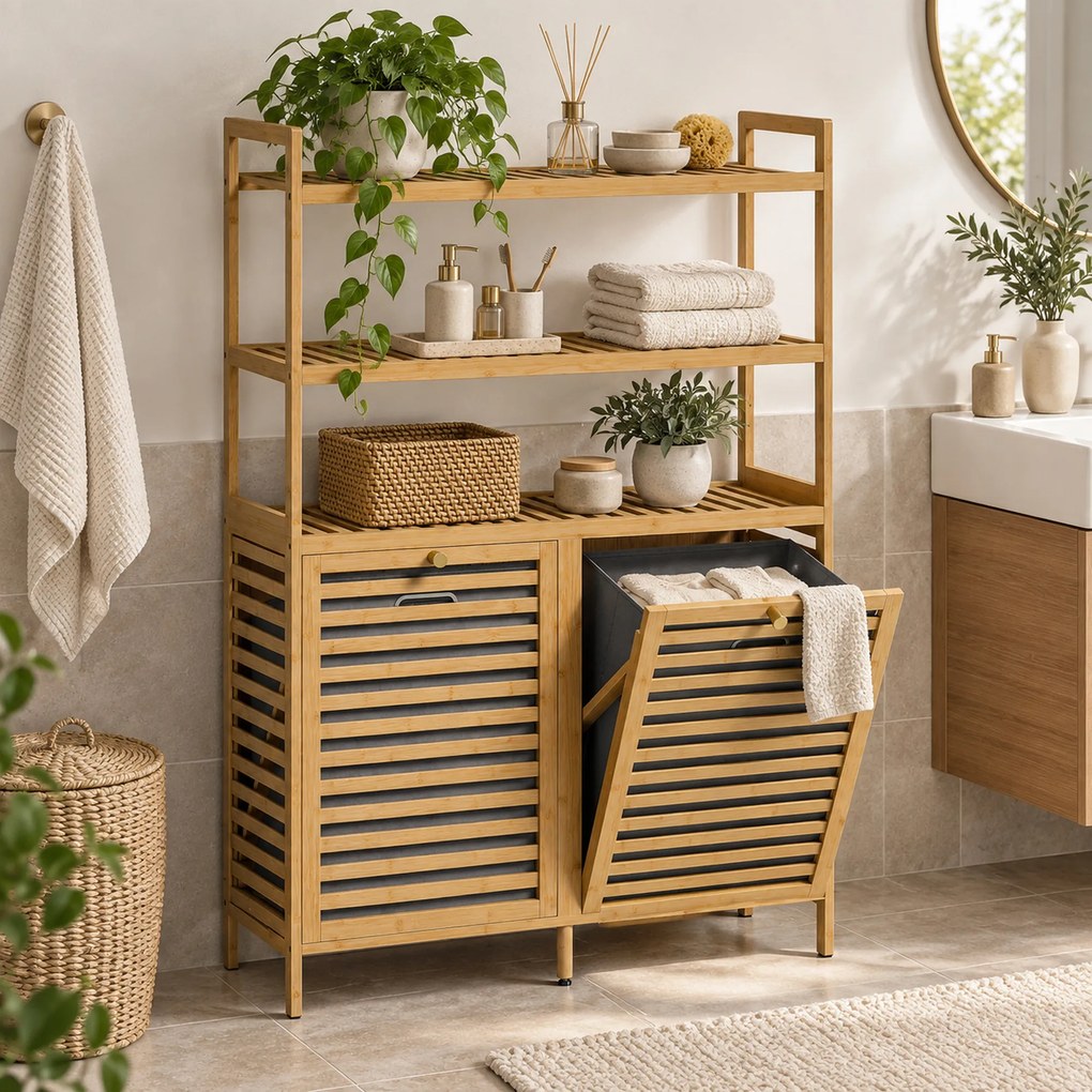 HOMCOM bambusová skříňka do koupelny s koši na prádlo – 3patrové úložiště se 2 odnímatelnými látkovými koši, 80 × 30 × 118 cm, dub