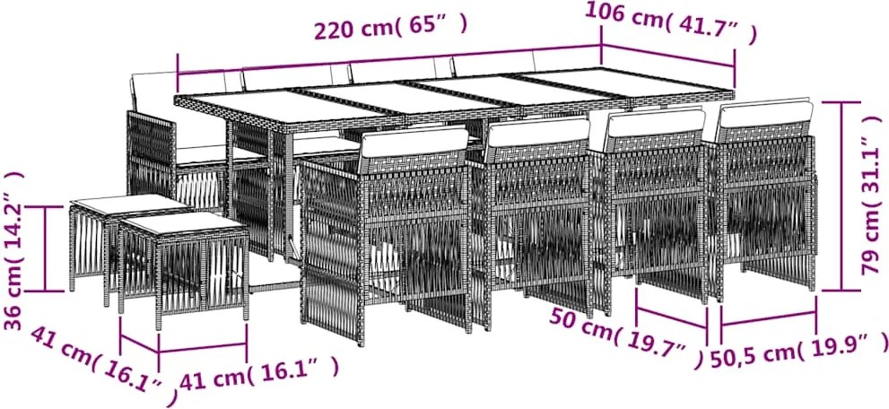 13dílný zahradní jídelní set s poduškami černý polyratan 3210979