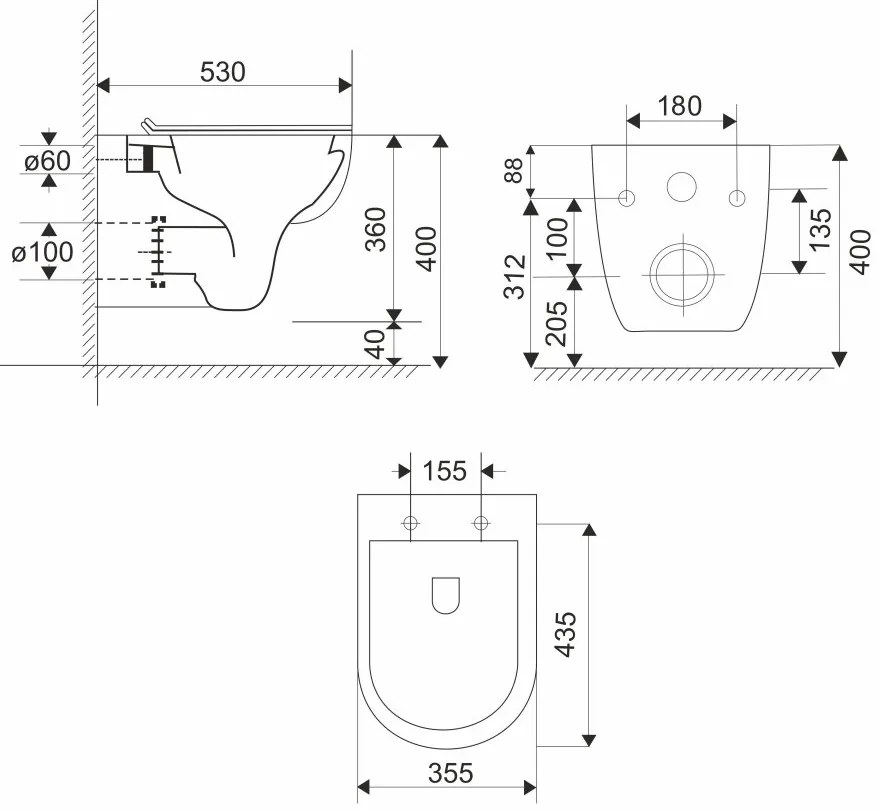 Mereo WC závěsné RIMLESS 530x355x360 vč. sedátka keramika bílé VSD81S