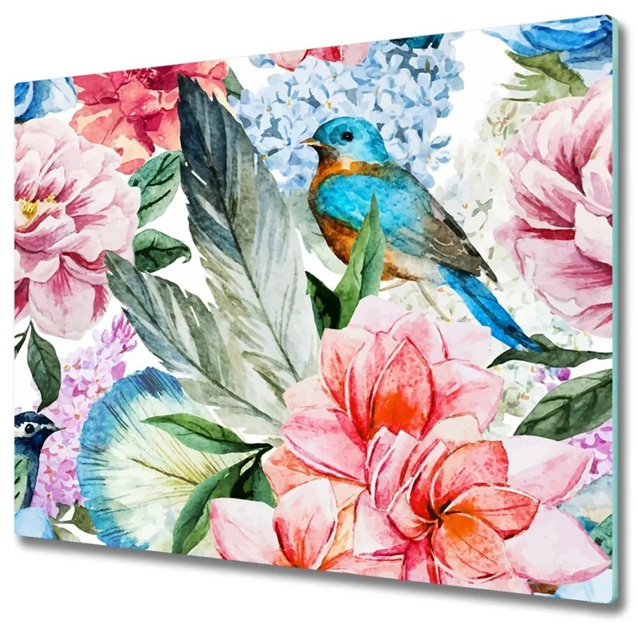 Skleněná krájecí deska Květiny a ptáci 60x52 cm