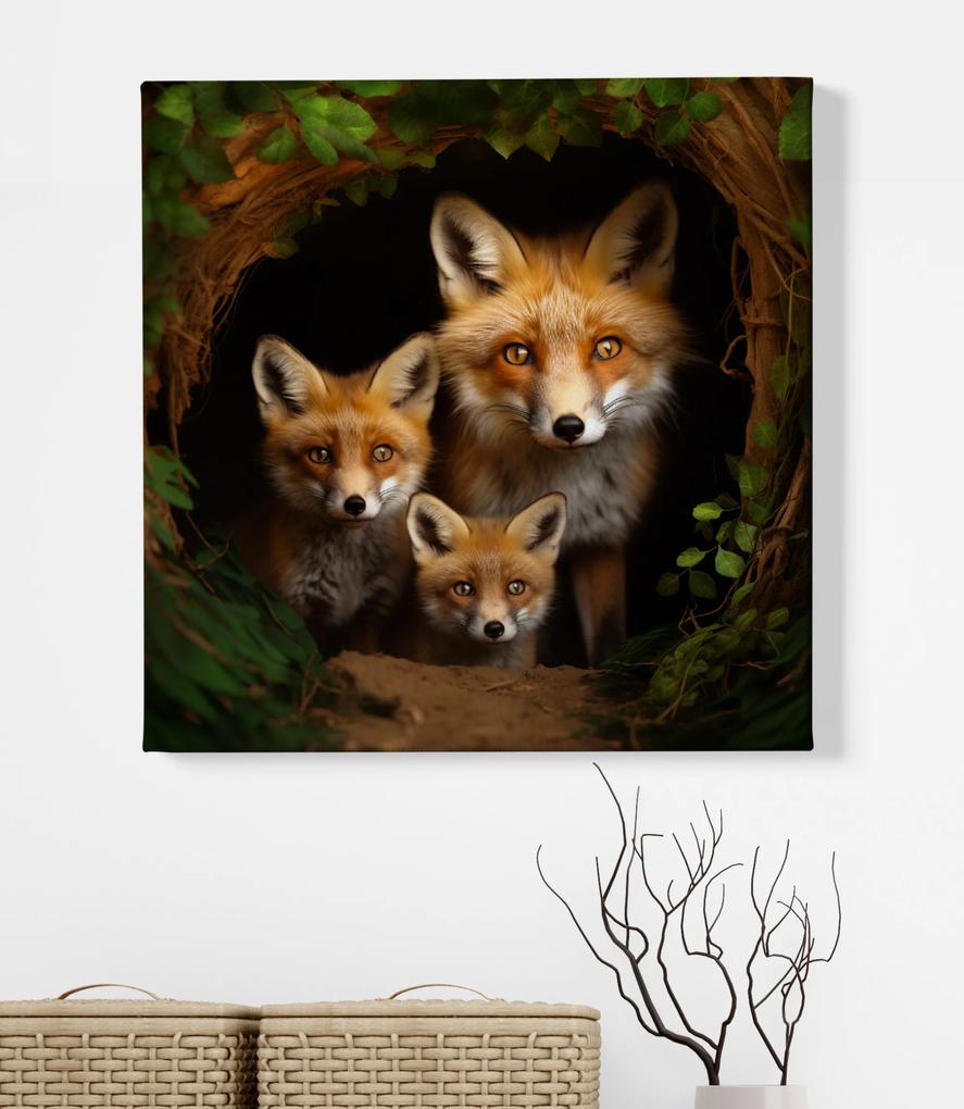 Obraz na plátně - V liščí noře, liška s liščaty FeelHappy.cz Velikost obrazu: 100 x 100 cm