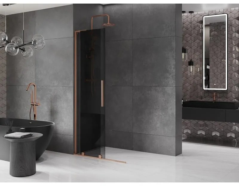 Mexen Velar L, posuvná sprchová zástěna Walk-in 100 x 200 cm, 8mm šedé sklo, měděná matná, 871-100-003-43-65