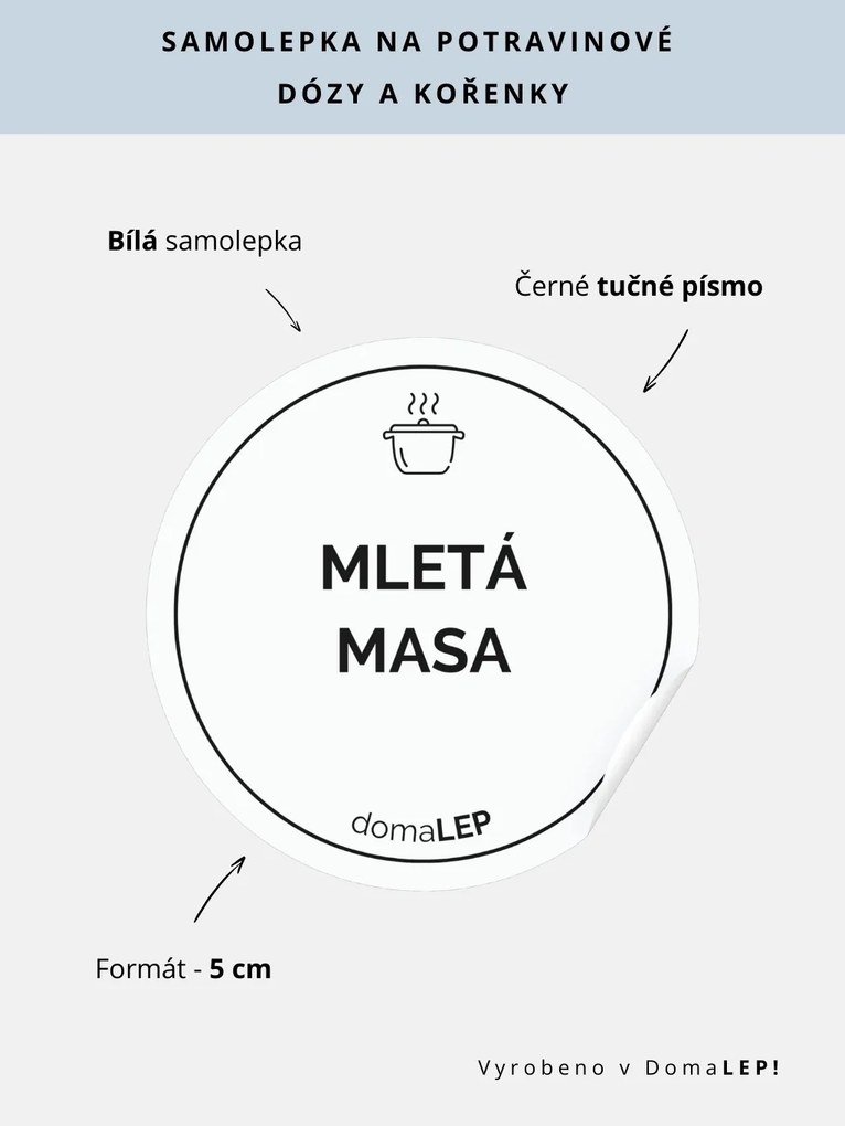 Samolepka na kořenky MLETÁ MASA bílá 5 cm tučné písmo
