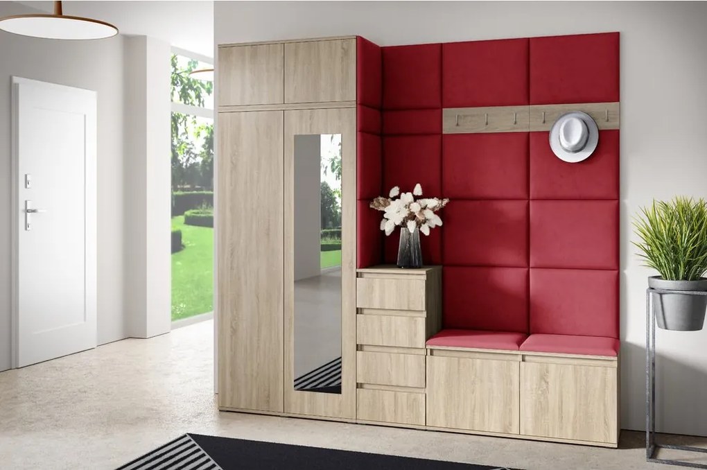 Eka Předsíňová stěna s čalouněnými panely Trinity 33 - Sonoma / Rubínová 2324