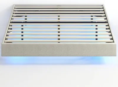 HOMCOM visutý rám postele 140 x 190 cm s LED osvětlením, čalouněná dvoulůžková postel v lněném vzhledu, dřevěný lamelový rošt, béžová