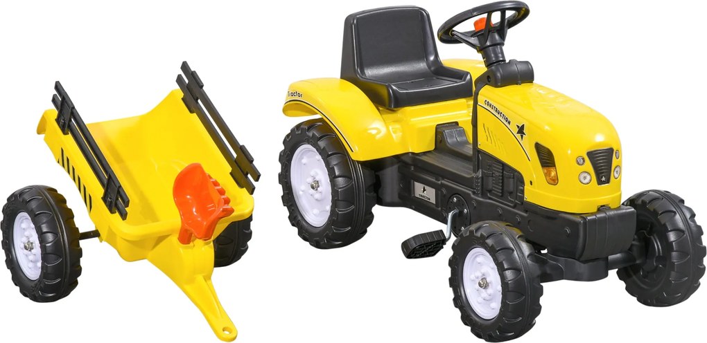 HOMCOM Pedálový Traktor s Přívěsem - Pedálové Auto pro Děti od 3 Let do Zahrady, Železný Žlutý 133 x 42 x 51 cm | Aosom