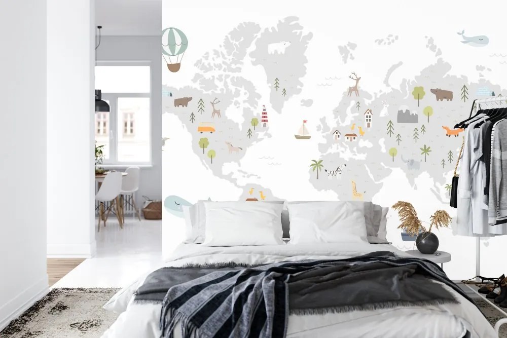 Fototapeta World Map With Cute Animals In Cartoon Style. Map For Nursery, Kids Room With Nature, Animals, Transports. Skandi Hladký vinyl 416x254