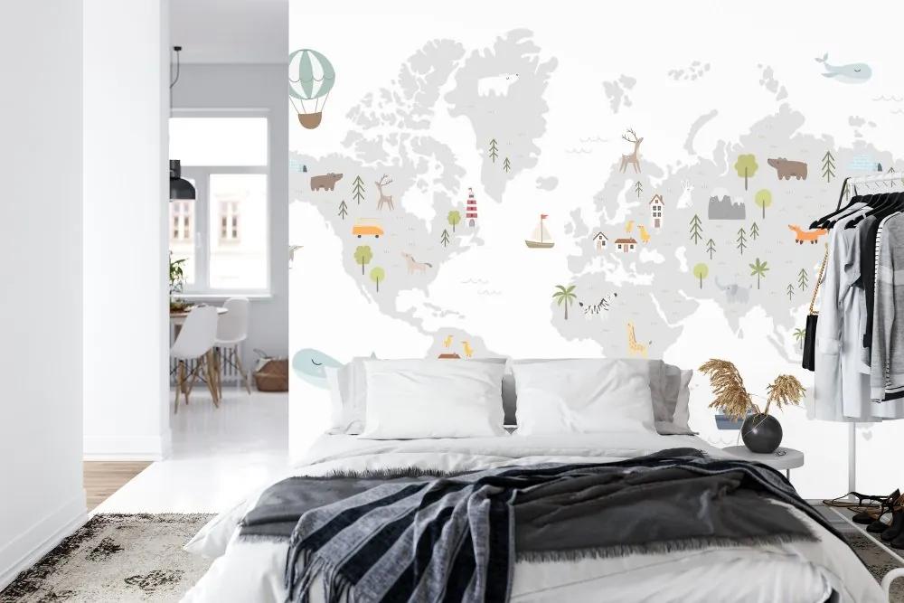 Fototapeta World Map With Cute Animals In Cartoon Style. Map For Nursery, Kids Room With Nature, Animals, Transports. Skandi Omyvatelný vlies 254x184