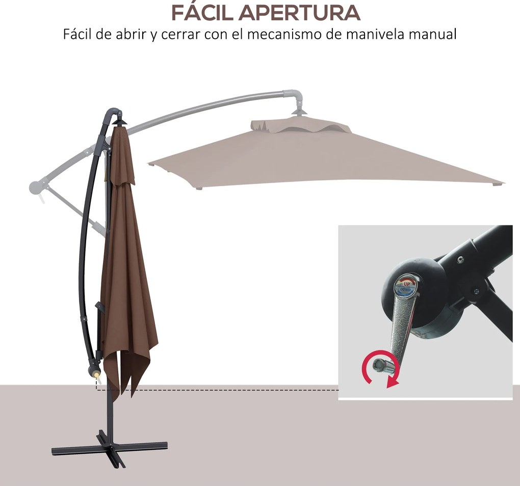 Zastřešení Outsunny 294x193 cm s křížovou základnou a klikou - Voděodolný slunečník s UV ochranou pro terasu a balkon hnědý