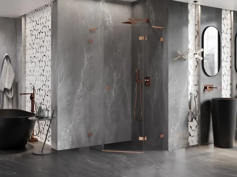Mexen Lunar, L pravý výklopný pětiúhelníkový sprchový kout 100 x 100 cm, 8mm čiré sklo, profil růžové zlato, 831L-100P-100L-60-00-P
