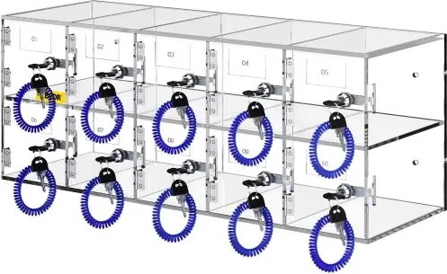 Úložná skříňka na mobilní telefon, 10 slotů z akrylového materiálu se zámky dveří
